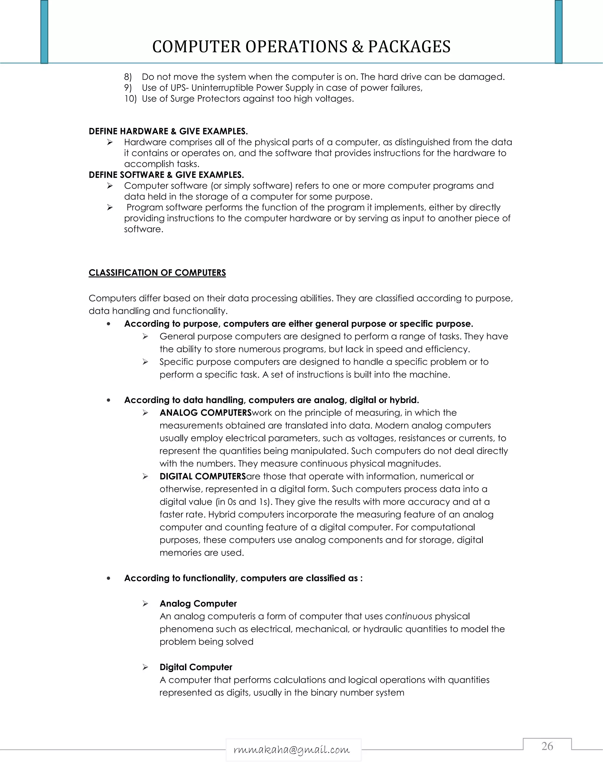 COMPUTER OPERATIONS & PACKAGES NOTES & INTRODUCTION TO COMPUTERS | PDF ...