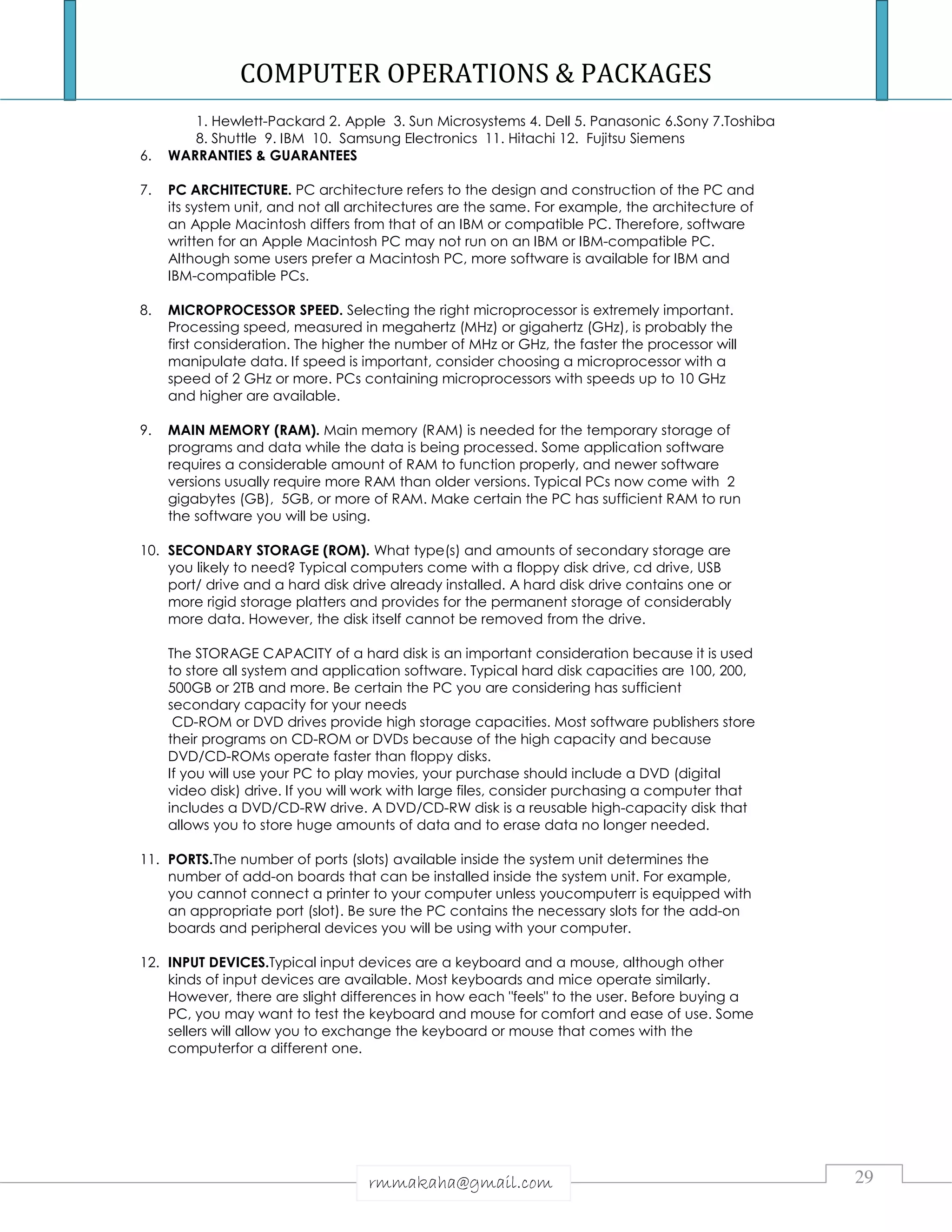 COMPUTER OPERATIONS & PACKAGES NOTES & INTRODUCTION TO COMPUTERS | PDF ...