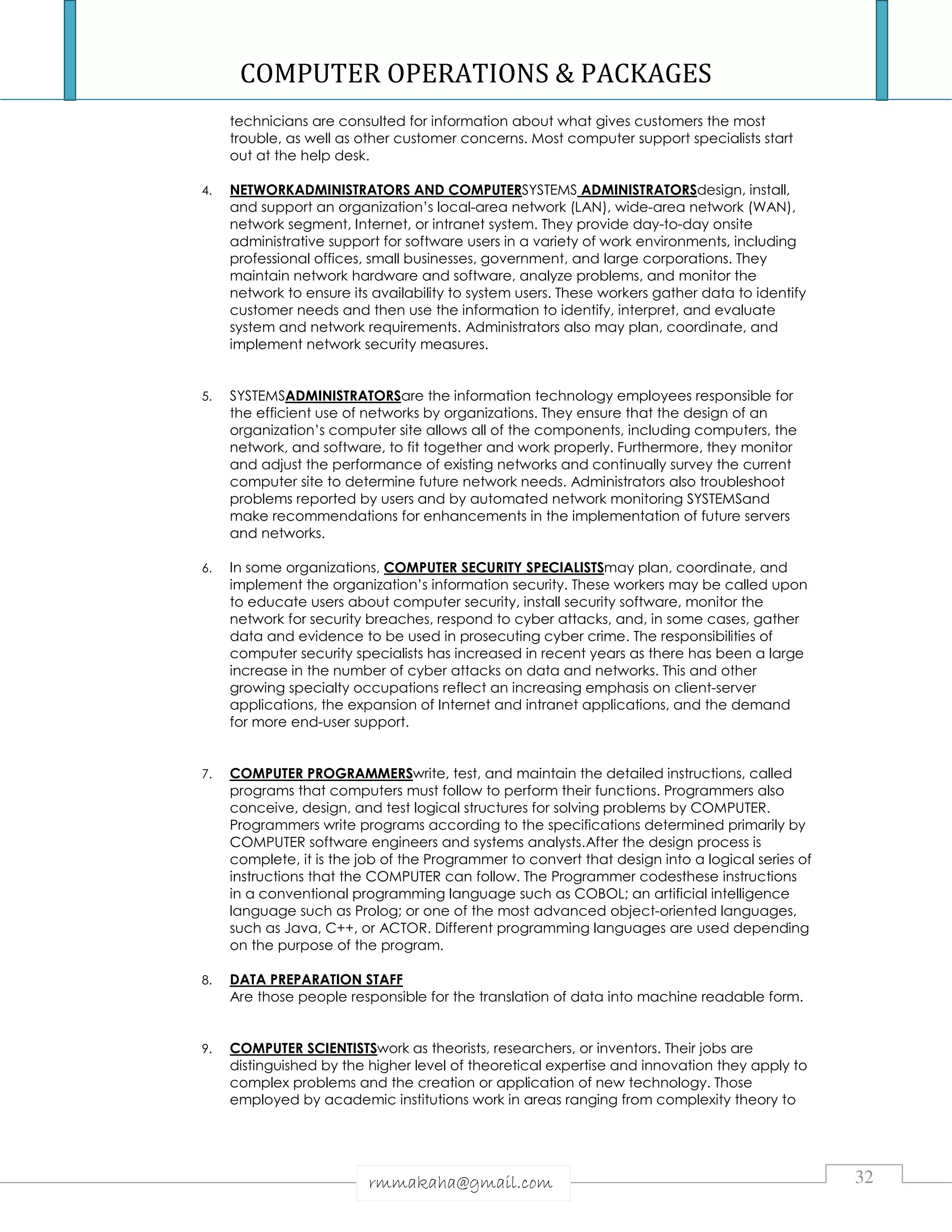 COMPUTER OPERATIONS & PACKAGES NOTES & INTRODUCTION TO COMPUTERS | PDF ...