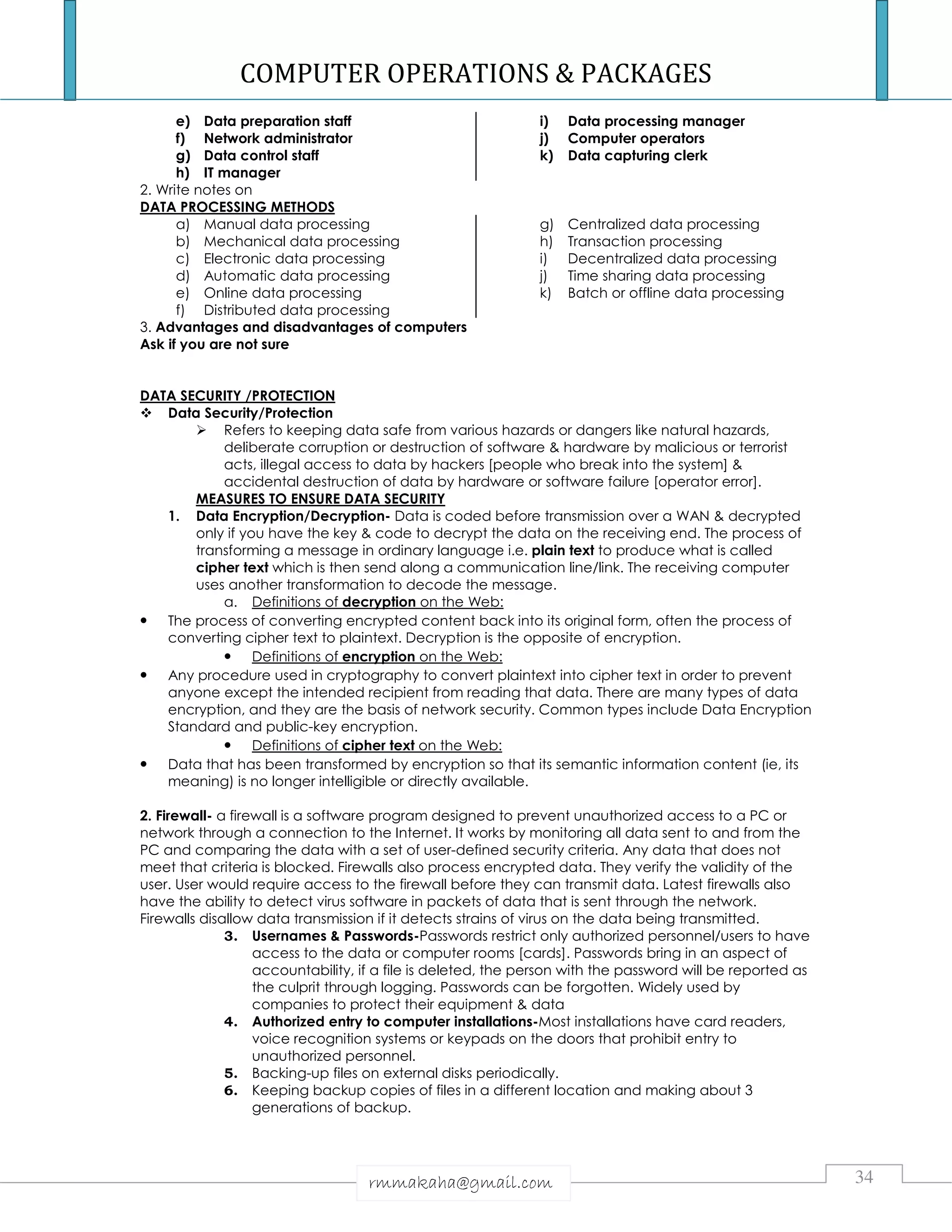 COMPUTER OPERATIONS & PACKAGES NOTES & INTRODUCTION TO COMPUTERS | PDF ...