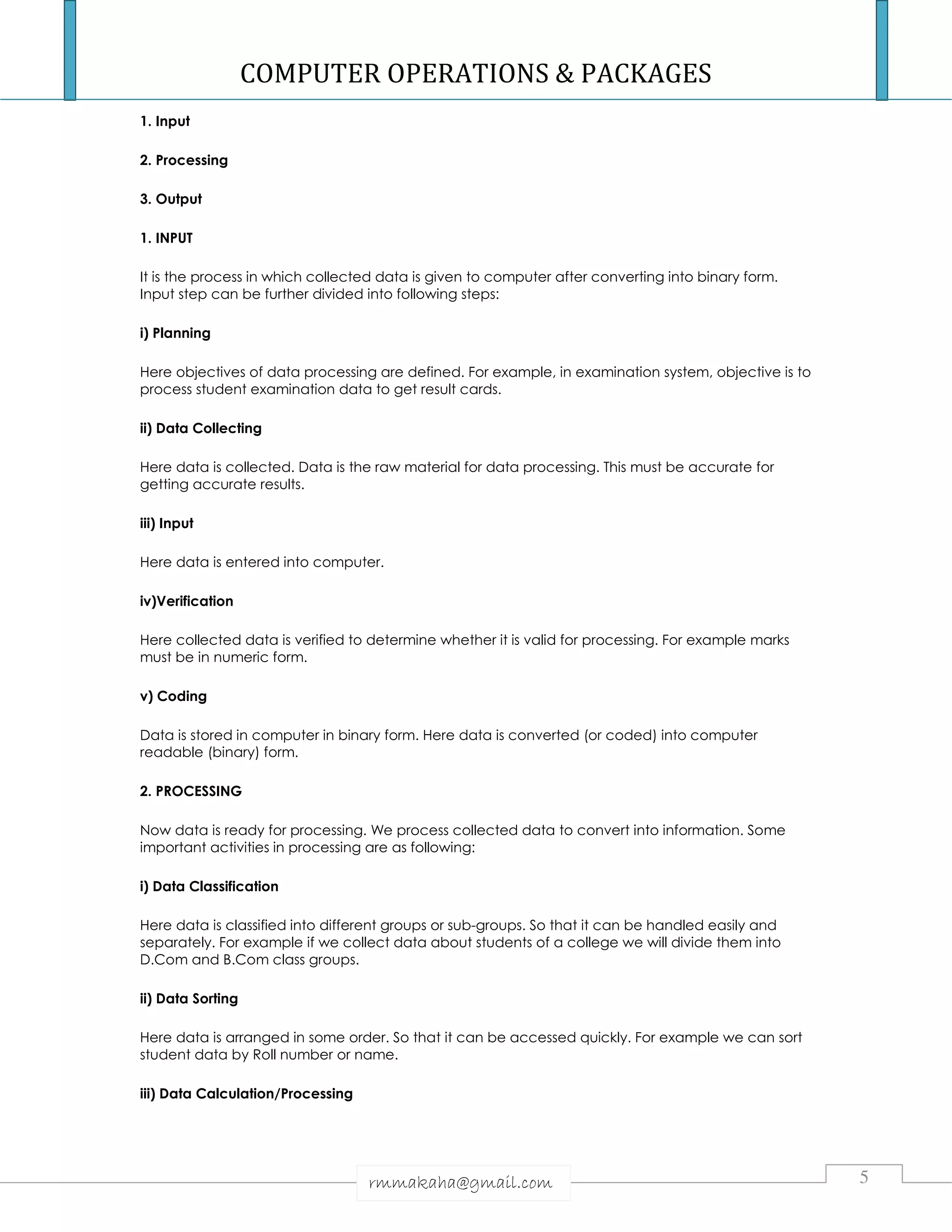 COMPUTER OPERATIONS & PACKAGES NOTES & INTRODUCTION TO COMPUTERS | PDF ...