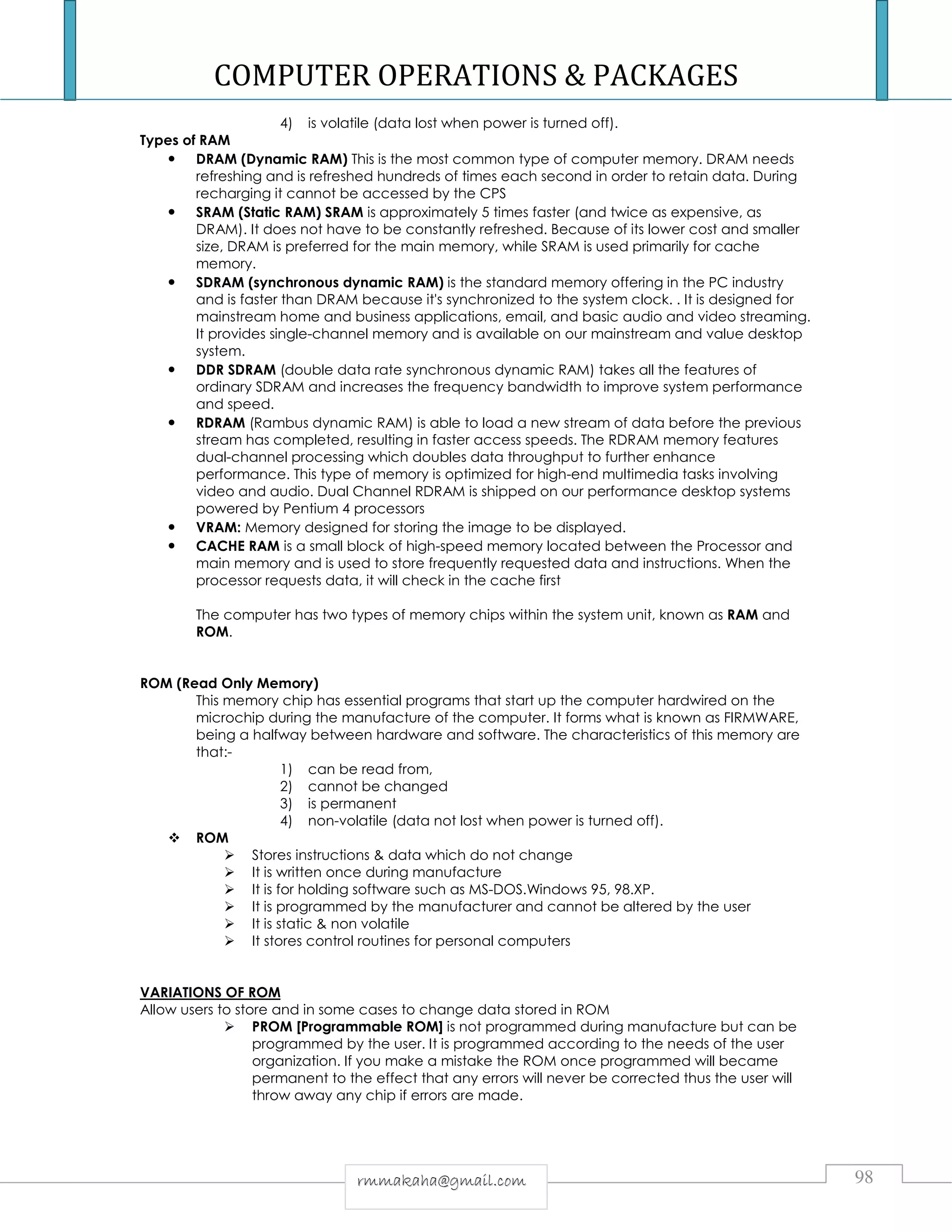 COMPUTER OPERATIONS & PACKAGES NOTES & INTRODUCTION TO COMPUTERS | PDF