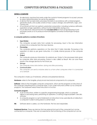 COMPUTER OPERATIONS & PACKAGES NOTES & INTRODUCTION TO COMPUTERS | PDF ...