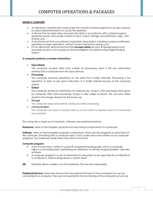 COMPUTER OPERATIONS & PACKAGES NOTES & INTRODUCTION TO COMPUTERS | PDF ...