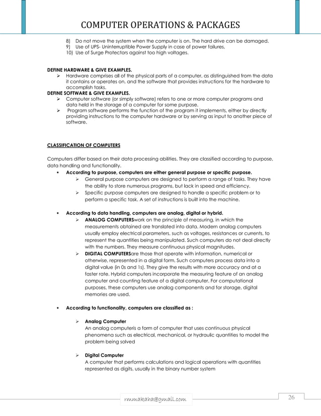 COMPUTER OPERATIONS & PACKAGES NOTES & INTRODUCTION TO COMPUTERS | PDF ...