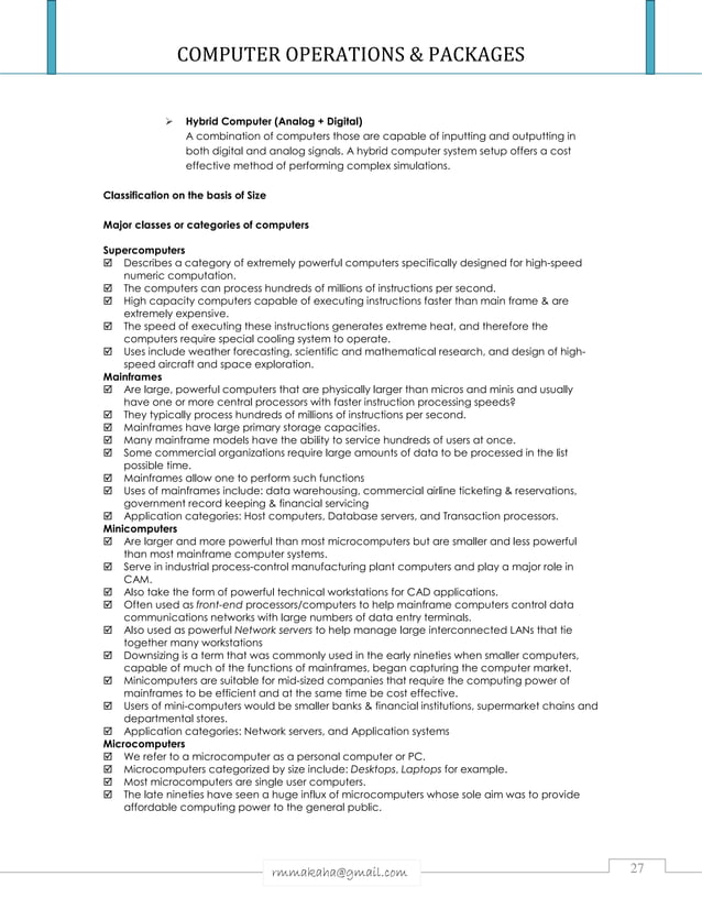 COMPUTER OPERATIONS & PACKAGES NOTES & INTRODUCTION TO COMPUTERS | PDF ...