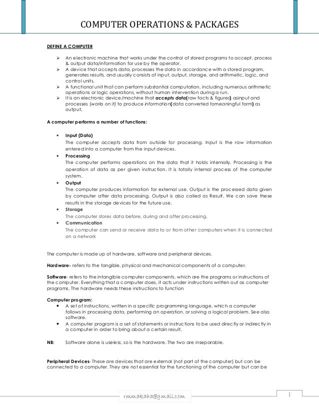 COMPUTER OPERATIONS & PACKAGES NOTES & INTRODUCTION TO COMPUTERS