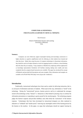 Computers as mindtools for engaging learners in critical learning | PDF
