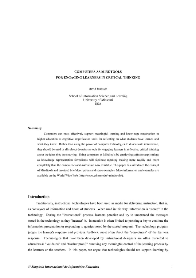 Computers as mindtools for engaging learners in critical learning | PDF