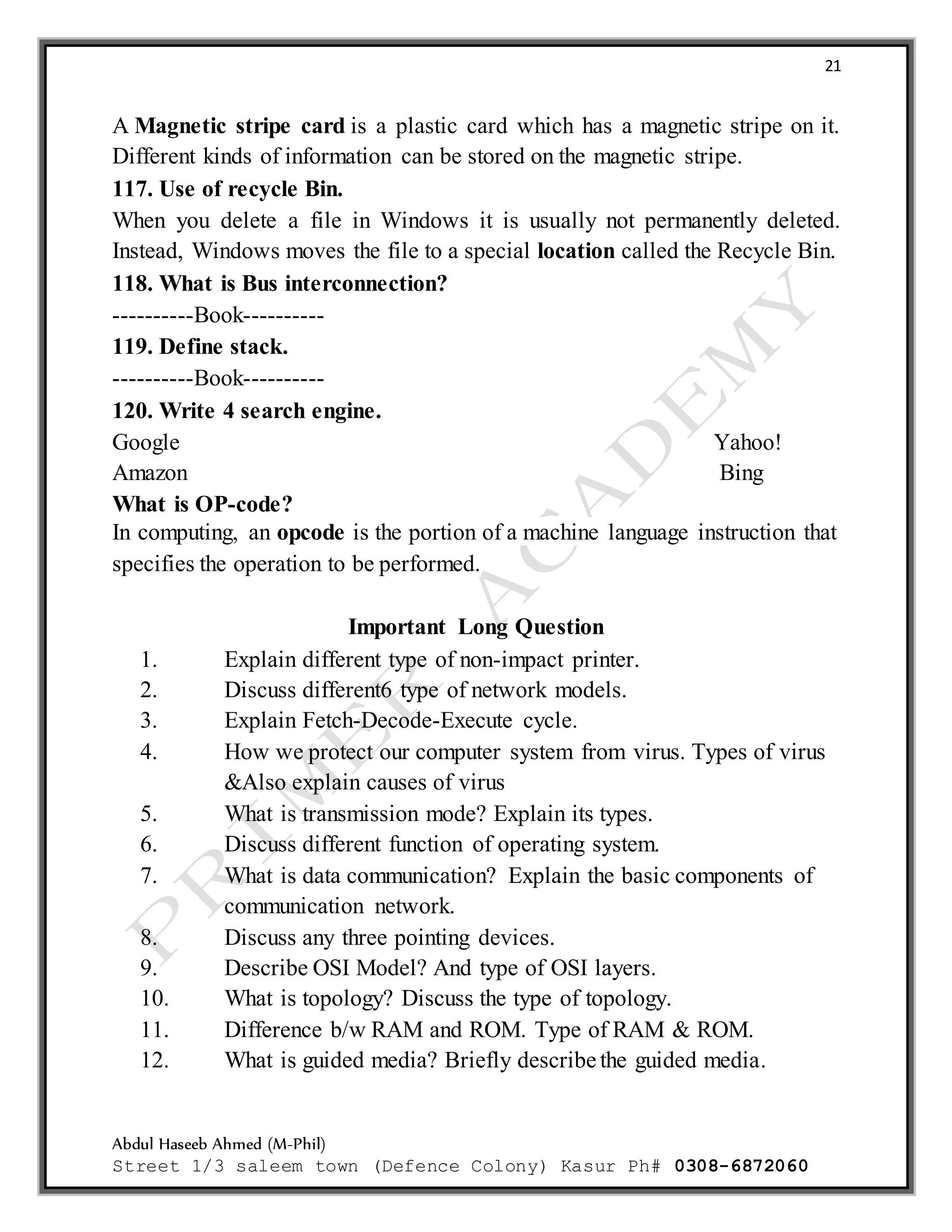 Computer Science Important Short Questions Ics Part 1 Pdf