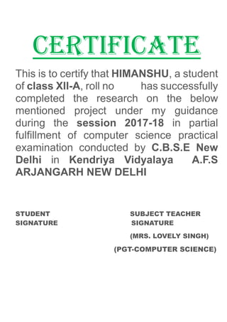 COMPUTER SCIENCE INVESTIGATORY PROJECT 2017-18 | PDF