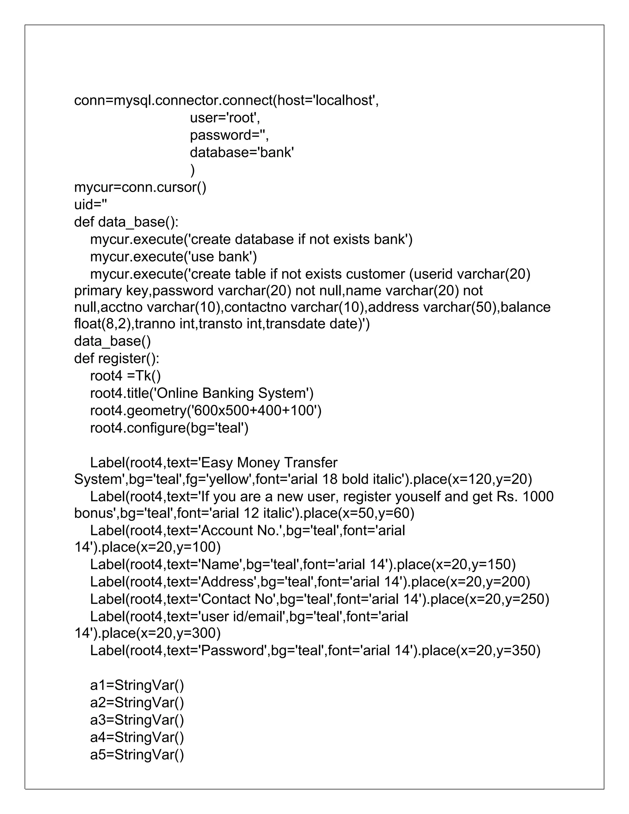 Computer science project on Online Banking System class 12 | PDF