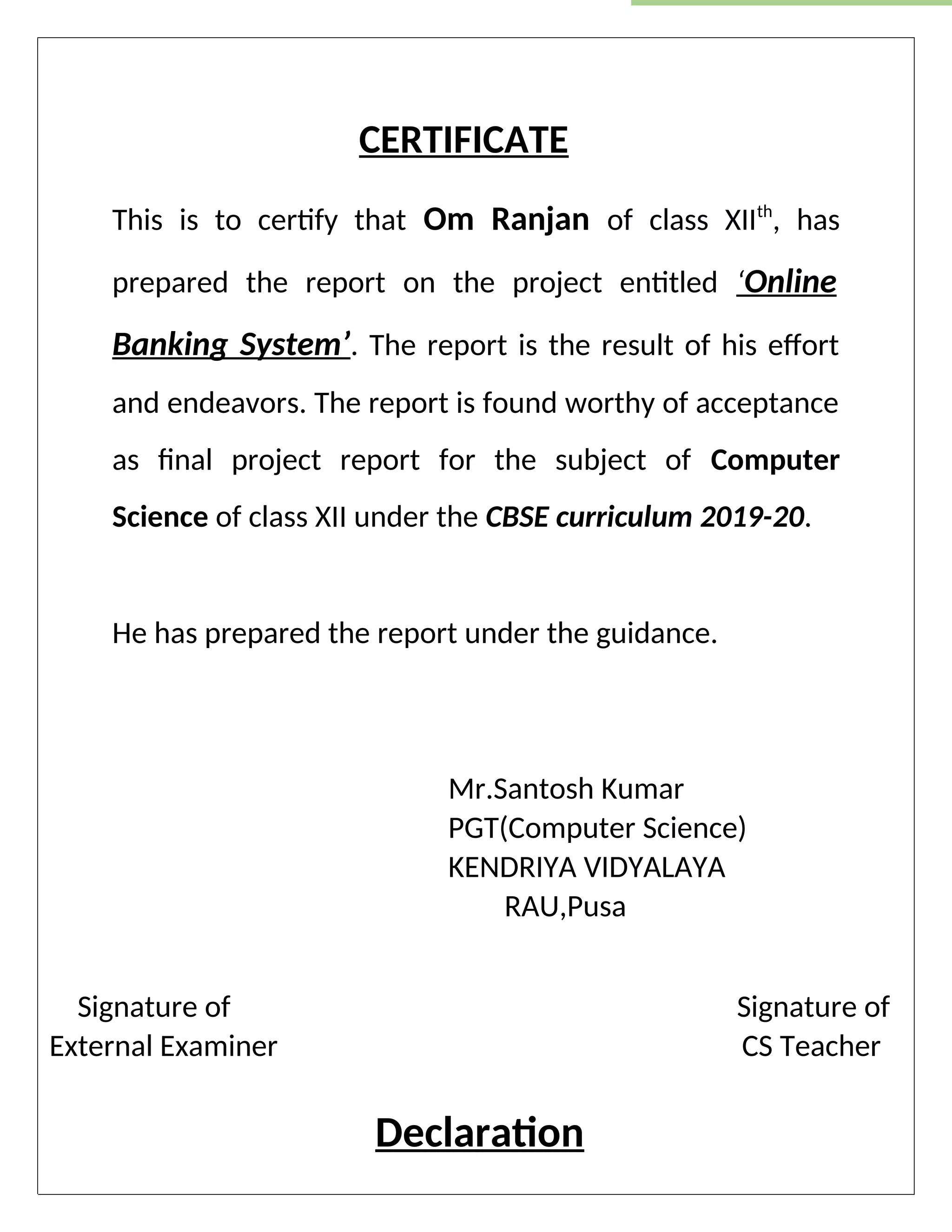 Computer science project on Online Banking System class 12 | PDF