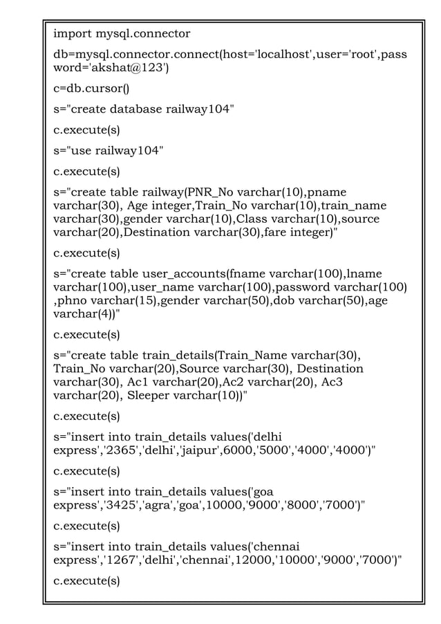 COMPUTER SCIENCE PROJECT OF RAILWAY RESERVATION SYSTEM PYTHON PROGRAMMING.pdf | Databases ...