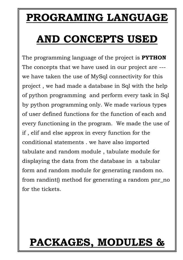 COMPUTER SCIENCE PROJECT OF RAILWAY RESERVATION SYSTEM PYTHON PROGRAMMING.pdf | Databases ...