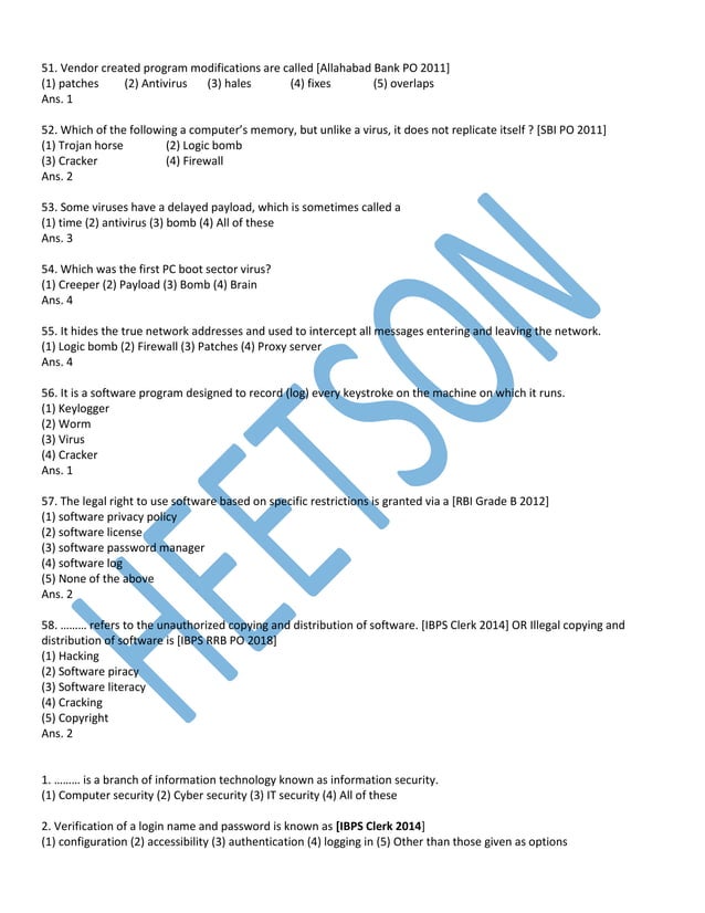 Computercyberit Security Mcq Questions Pdf Operating Systems Computer Software And