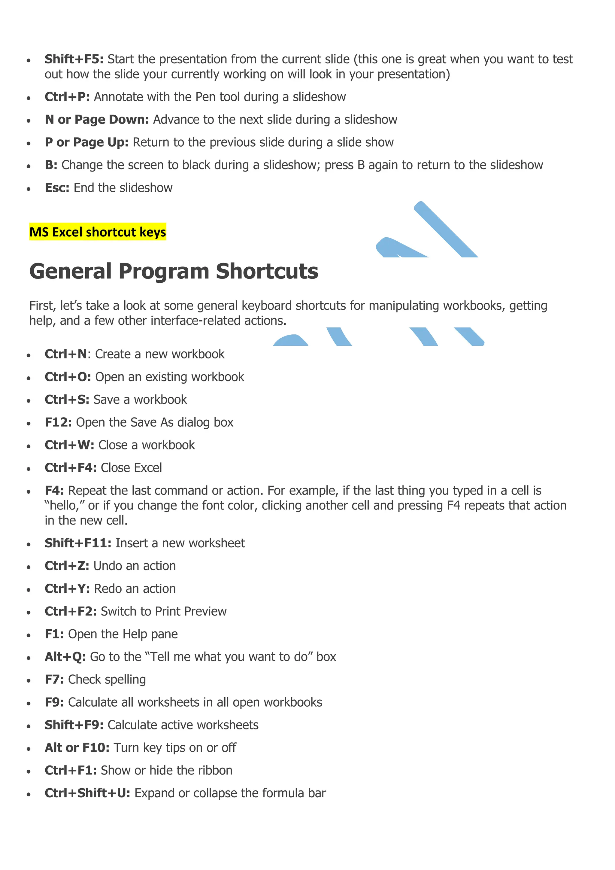 Computer Shortcut Keys A to Z (MS Word, Excel, PowerPoint) | PDF