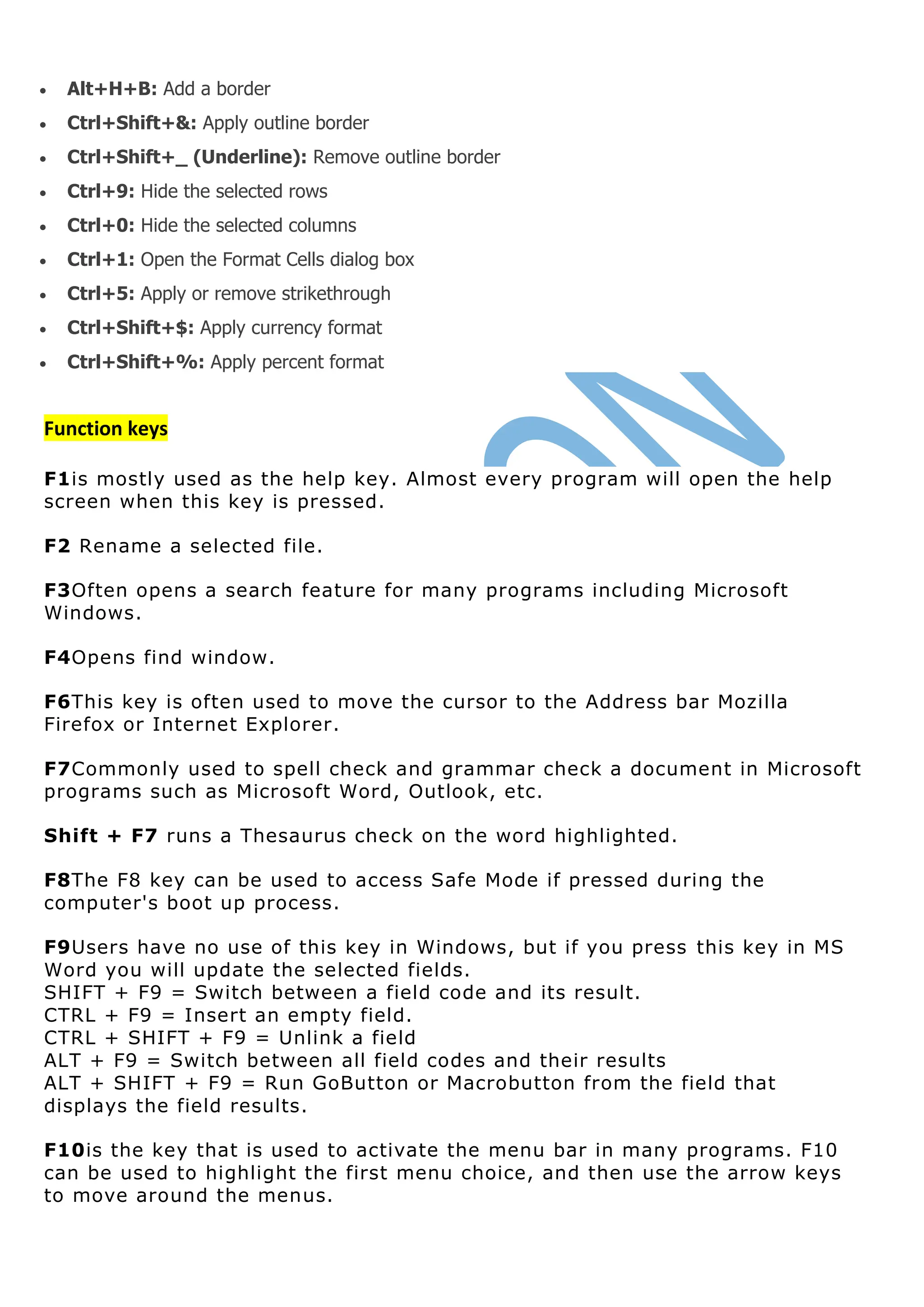 Computer Shortcut Keys A to Z (MS Word, Excel, PowerPoint) | PDF