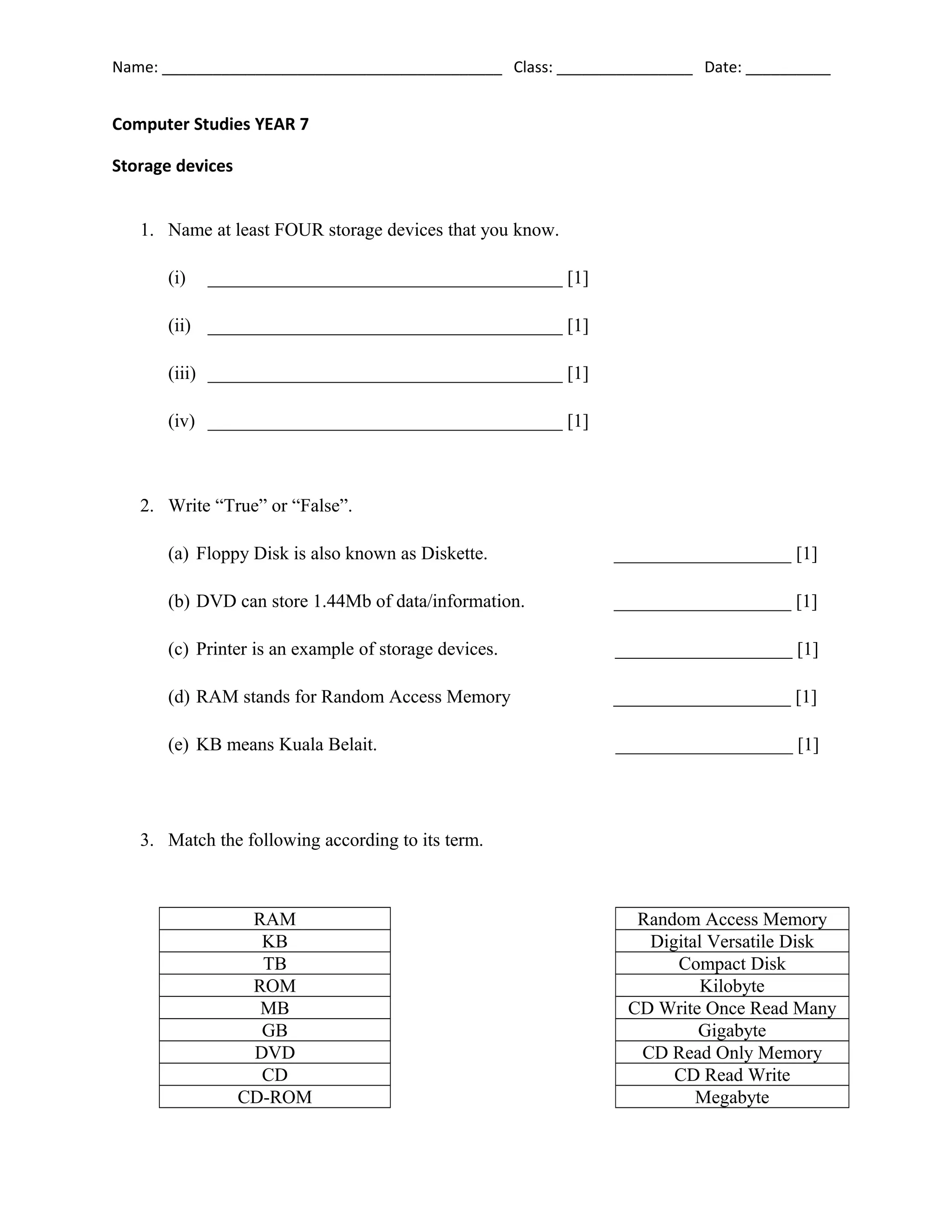 Computer studies year 7 exercise (easy) | DOC