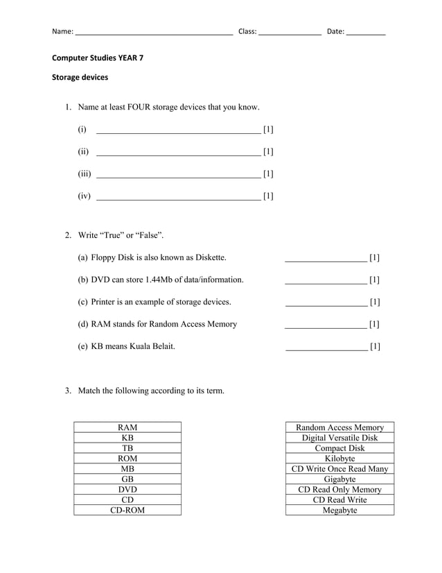 Computer studies year 7 exercise (easy) | PDF