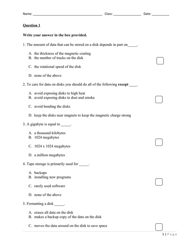 Computer studies year 7 exercise (medium) | PDF