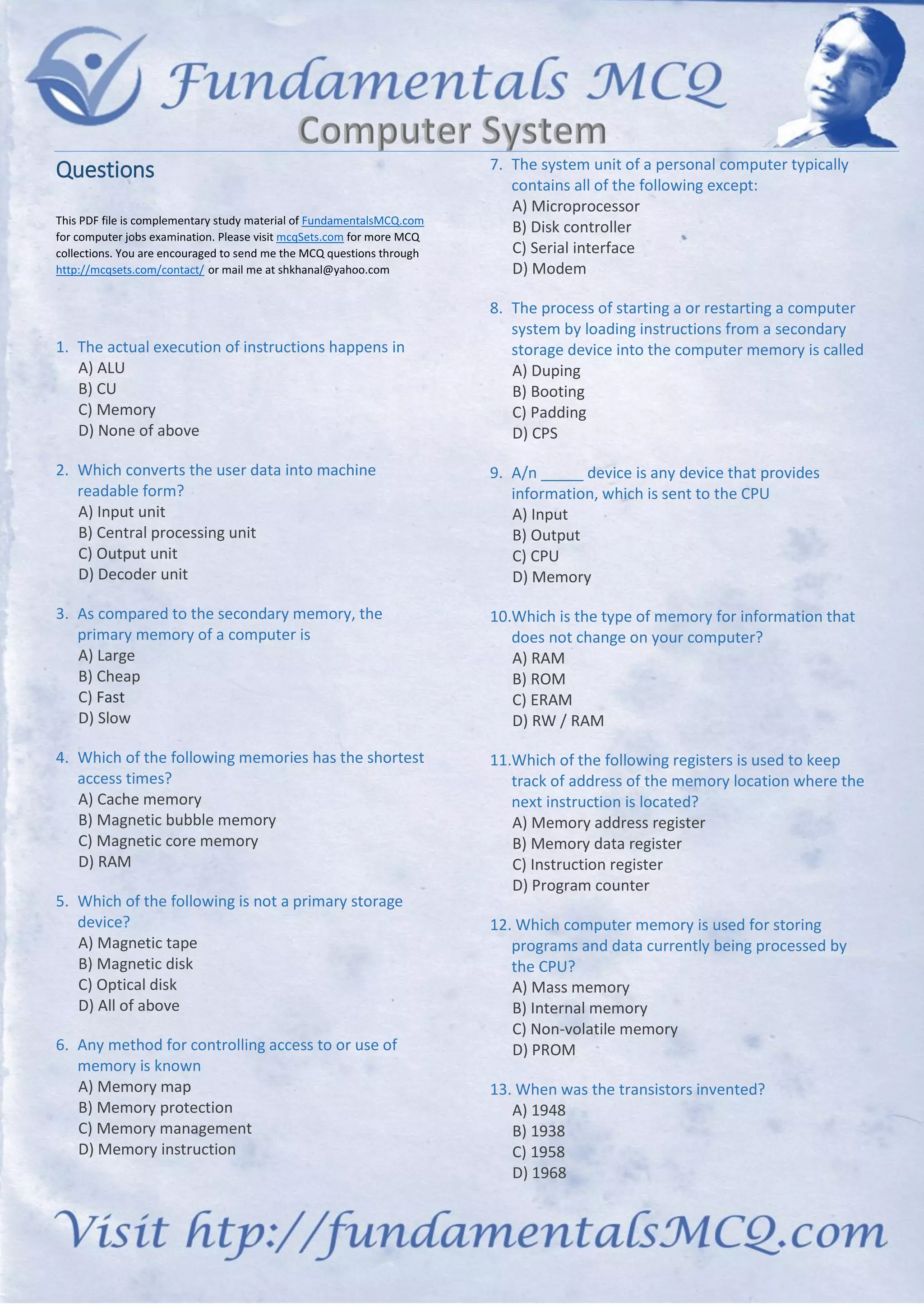 Computer systems mcq | PDF | Operating Systems | Computer Software and Applications