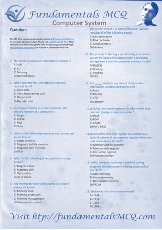 Computer systems mcq | PDF | Operating Systems | Computer Software and Applications