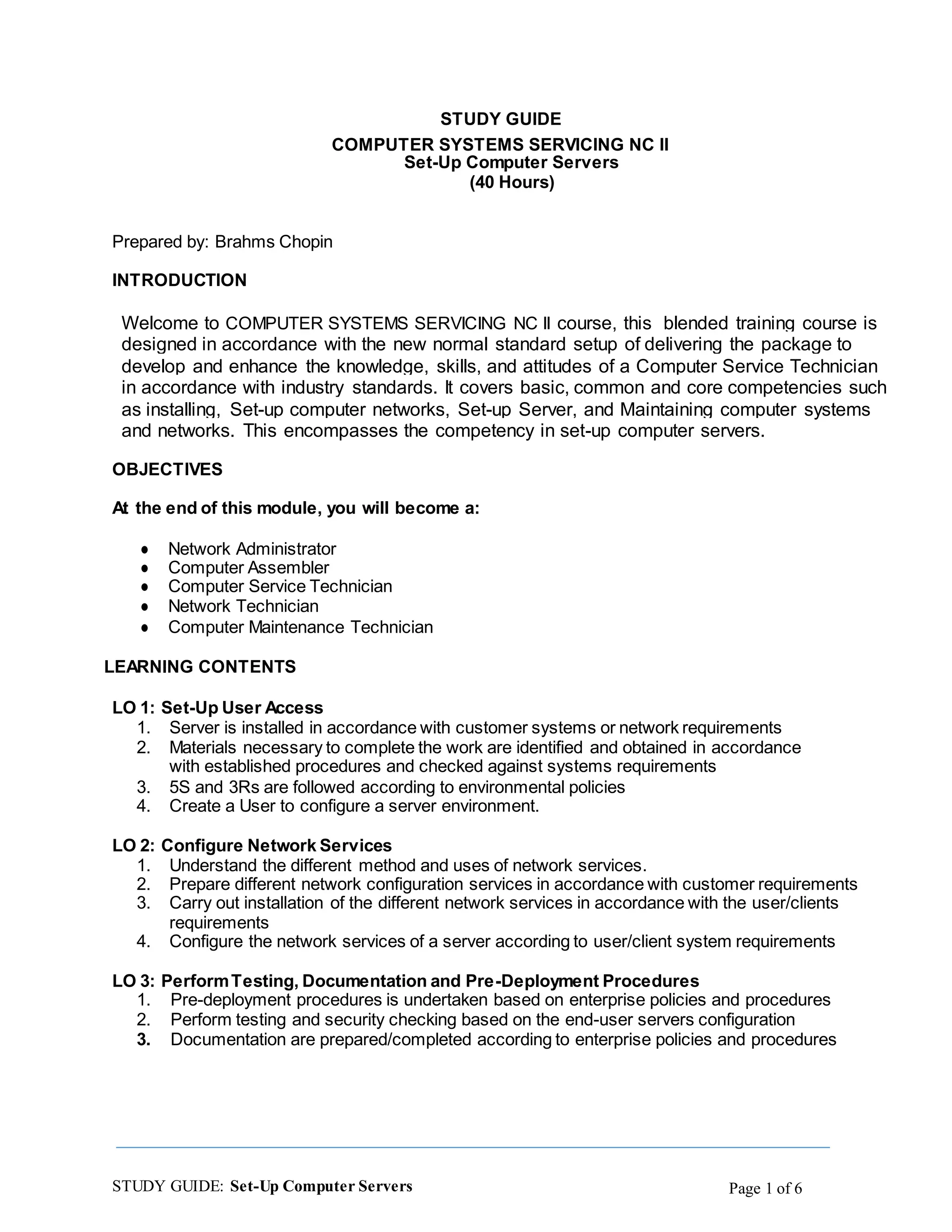 Computer systems servicing nc ii study guide by brahms | DOCX