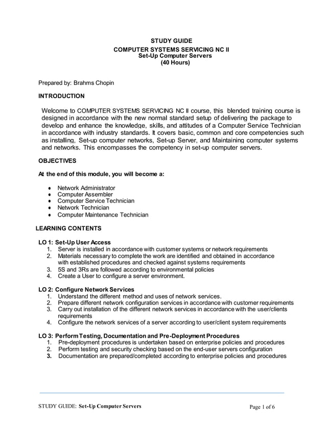 Computer systems servicing nc ii study guide by brahms | DOCX | Internet | Computing