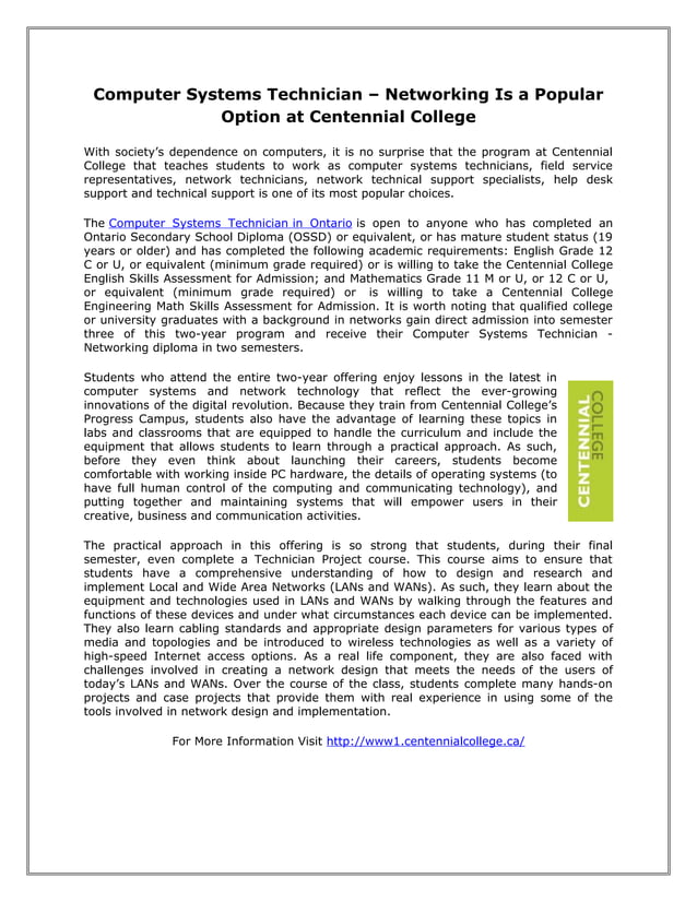 Computer systems technician – networking is a popular option at centennial college | DOC ...