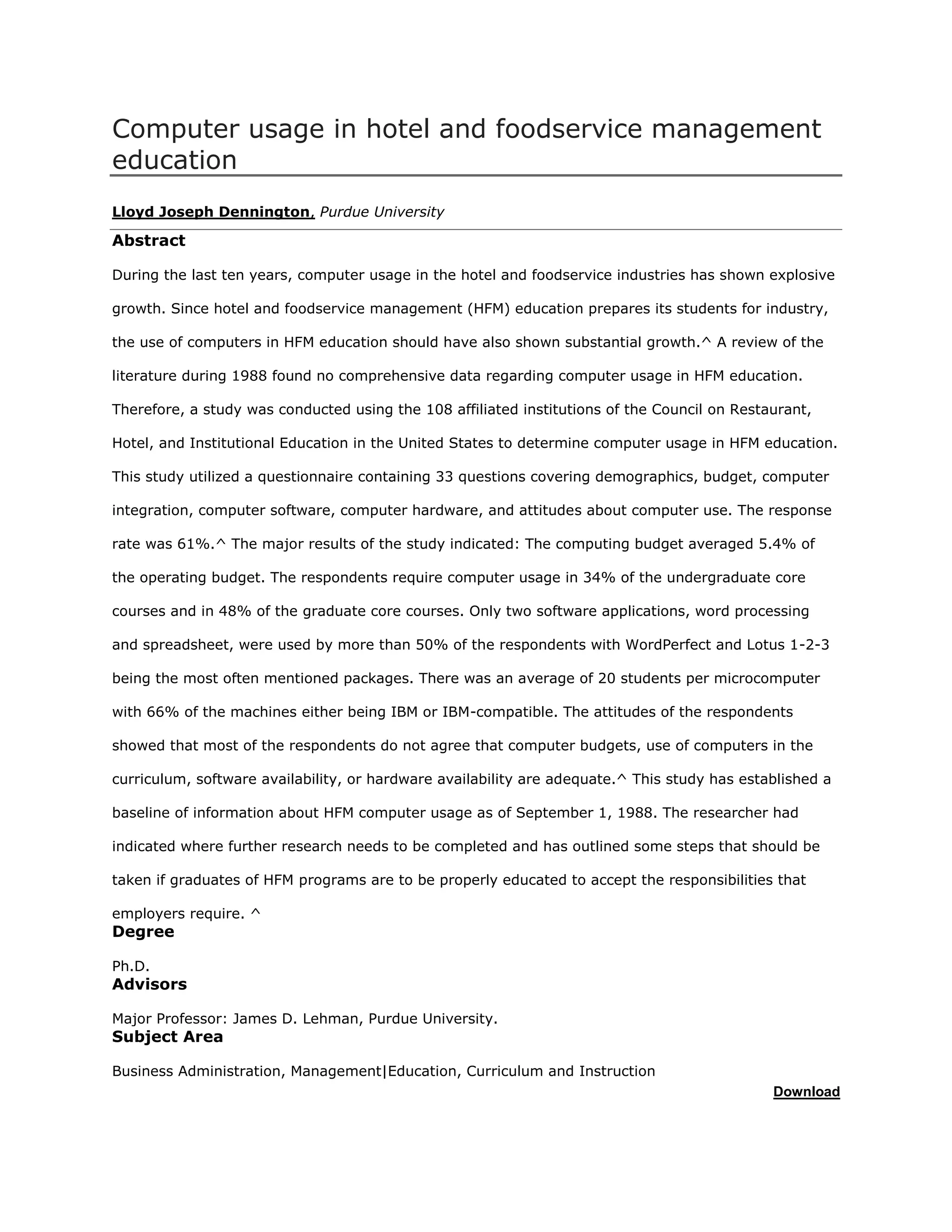 Computer usage in hotel and foodservice management education | DOCX