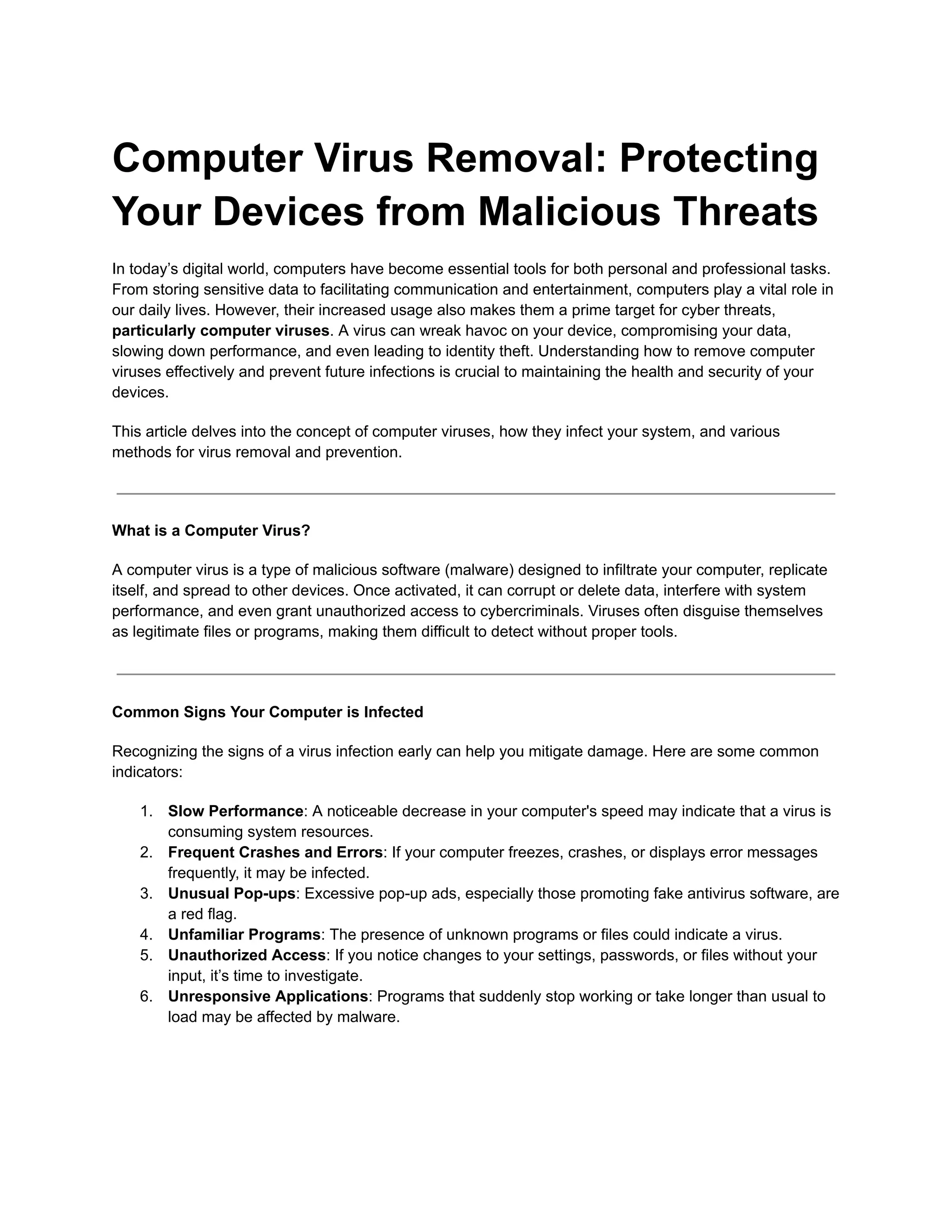 Computer Virus Removal Protecting Your Devices from Malicious Threats | PDF