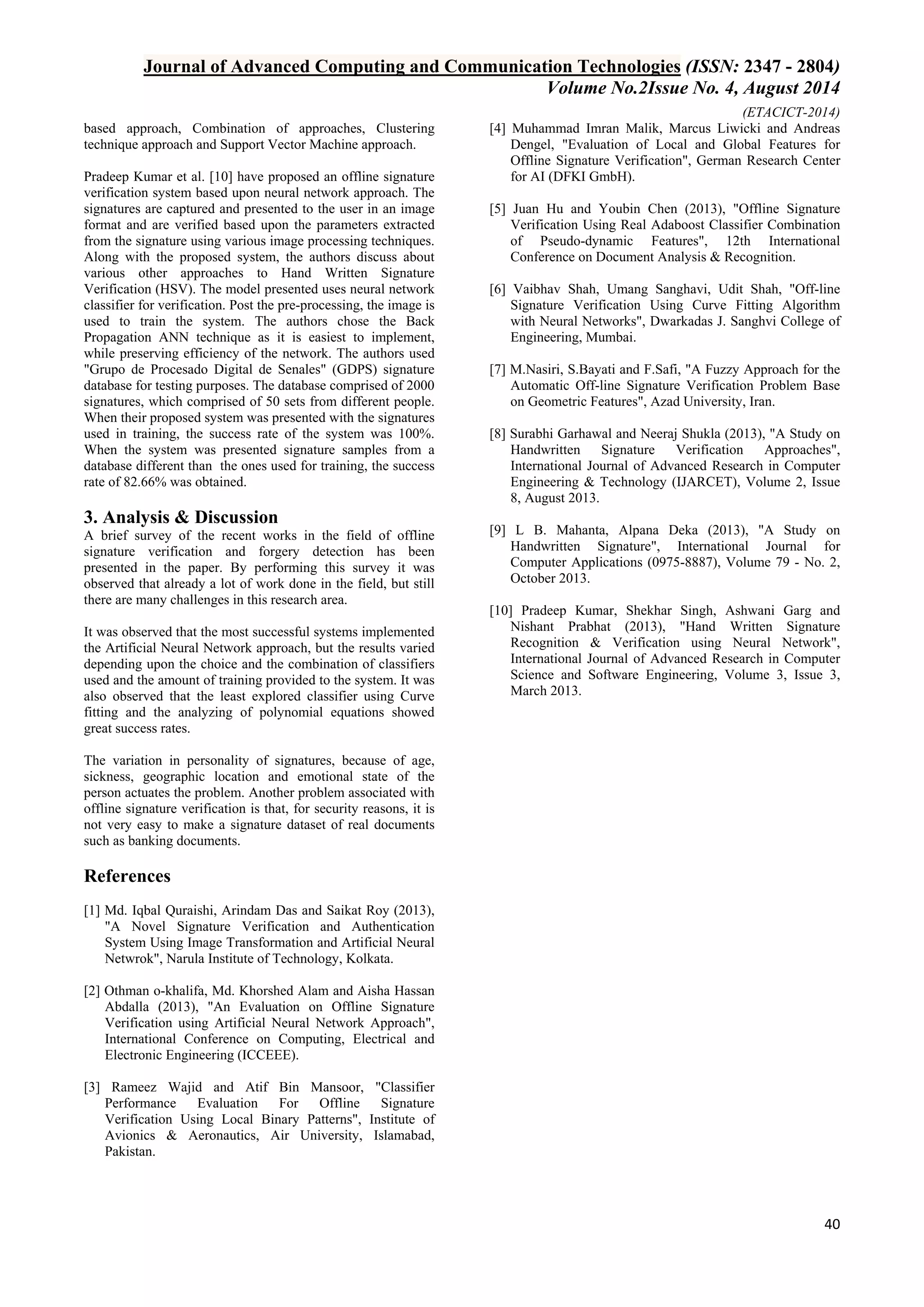 Computer vision approaches for offline signature verification & forgery detection a survey | PDF