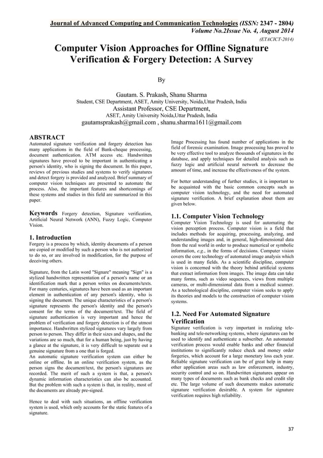 Computer vision approaches for offline signature verification & forgery detection a survey | PDF