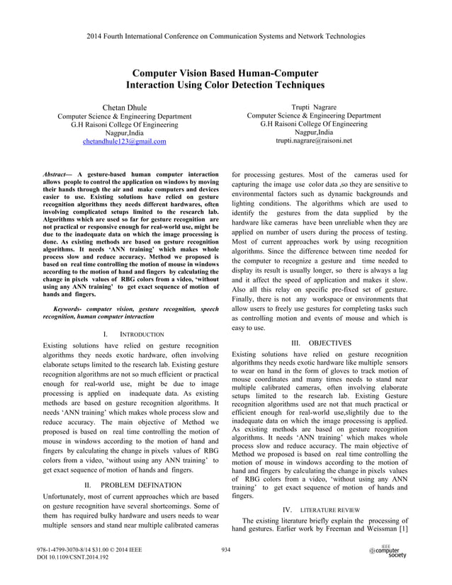 Computer Vision Based Human Computer Interaction Using Color Detection Techniques Pdf