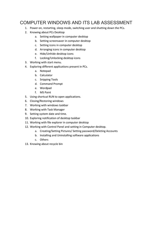COMPUTER WINDOWS AND ITS LAB ASSESSMENT.docx | Operating Systems | Computer Software and ...