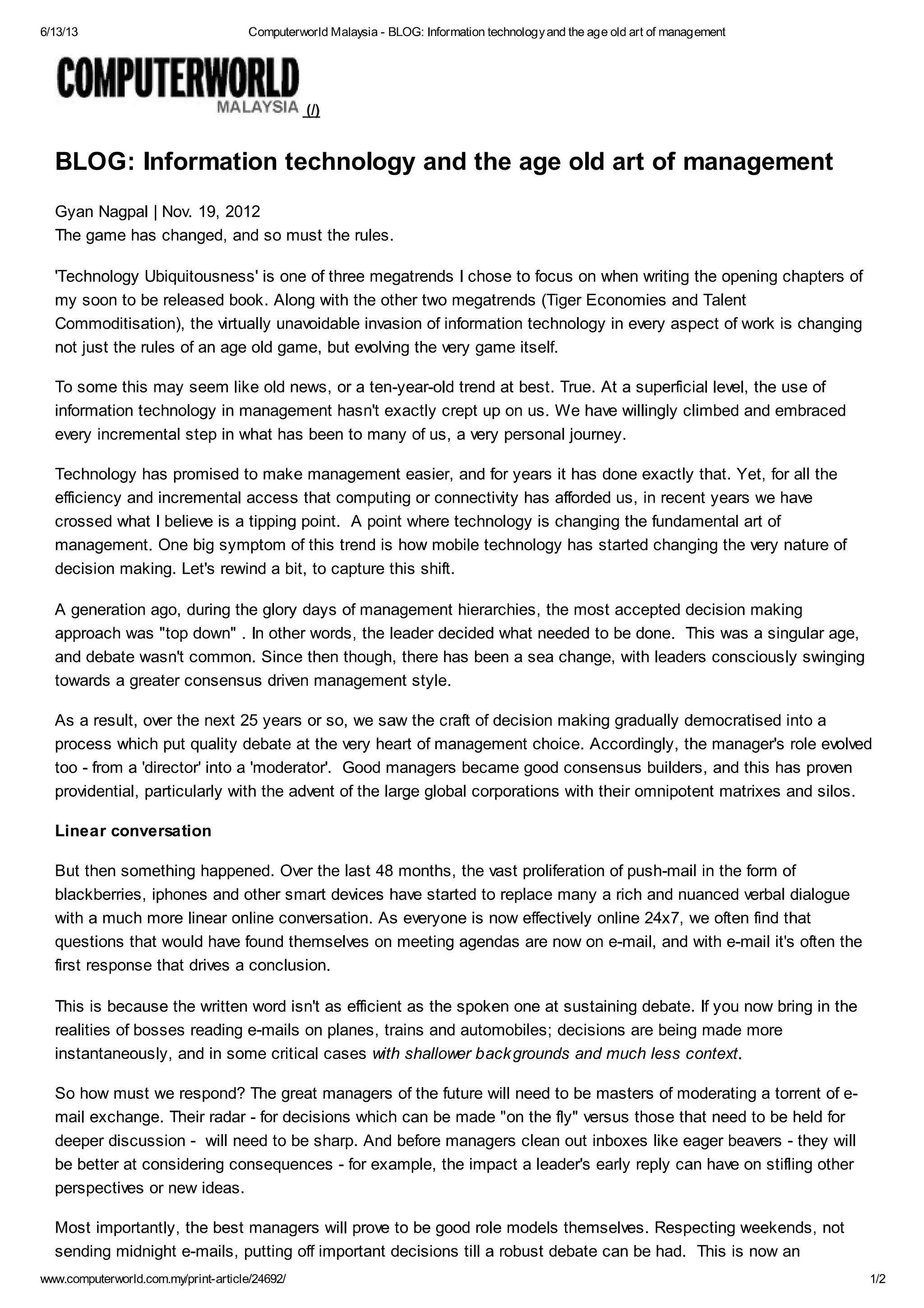 Information technology and management- Article by Gyan Nagpal | PDF