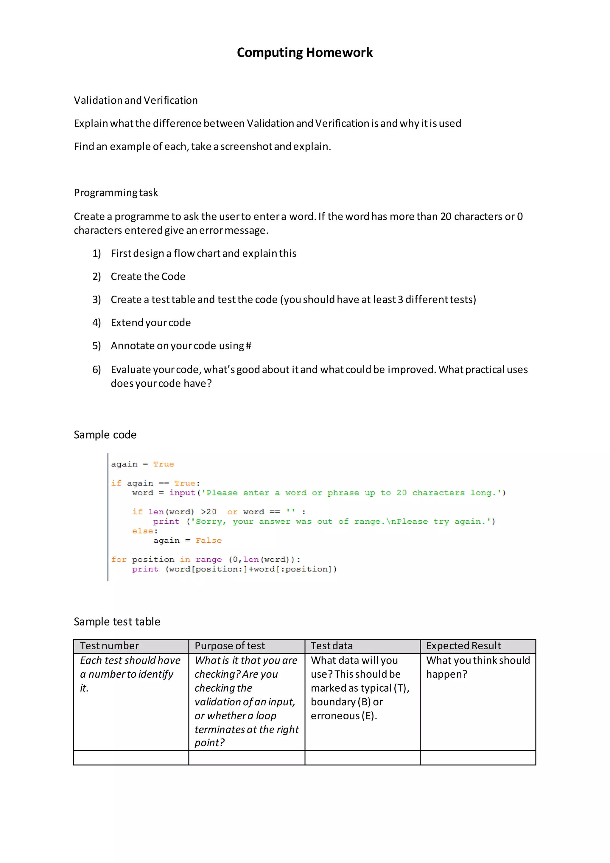 Computing homework validation | DOCX | Technology & Computing