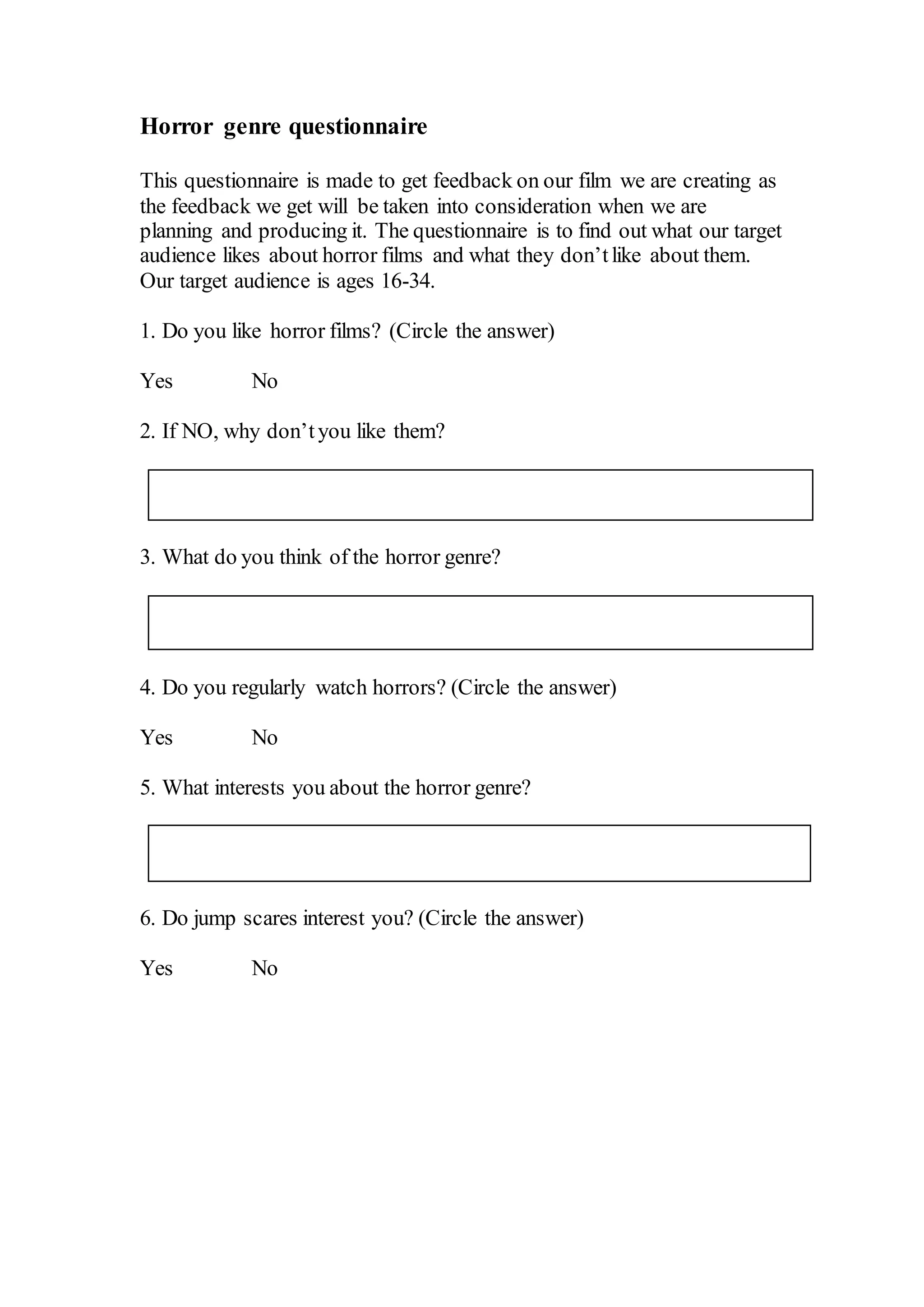 Horror genre questionnaire | DOCX