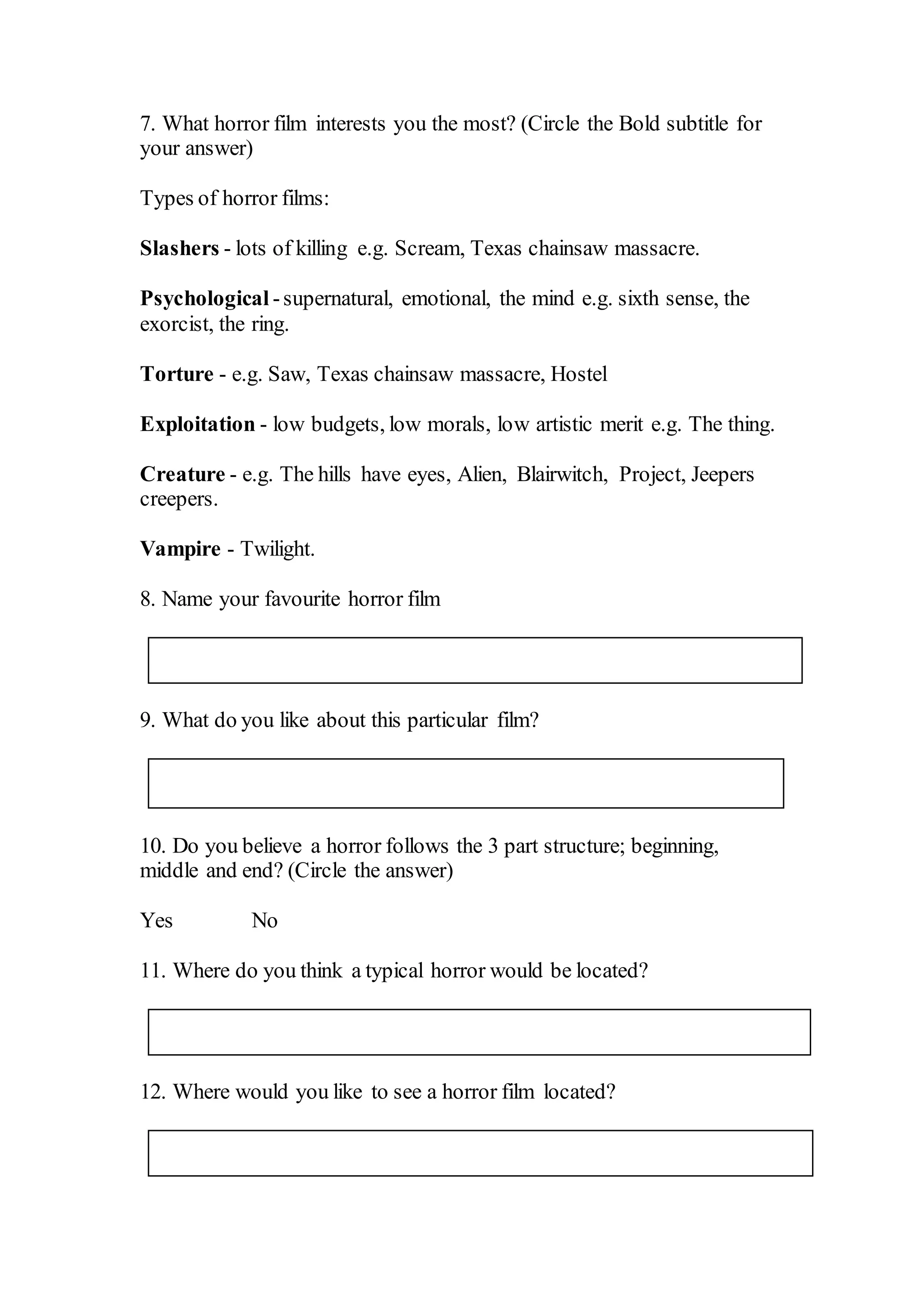 Horror genre questionnaire | DOCX