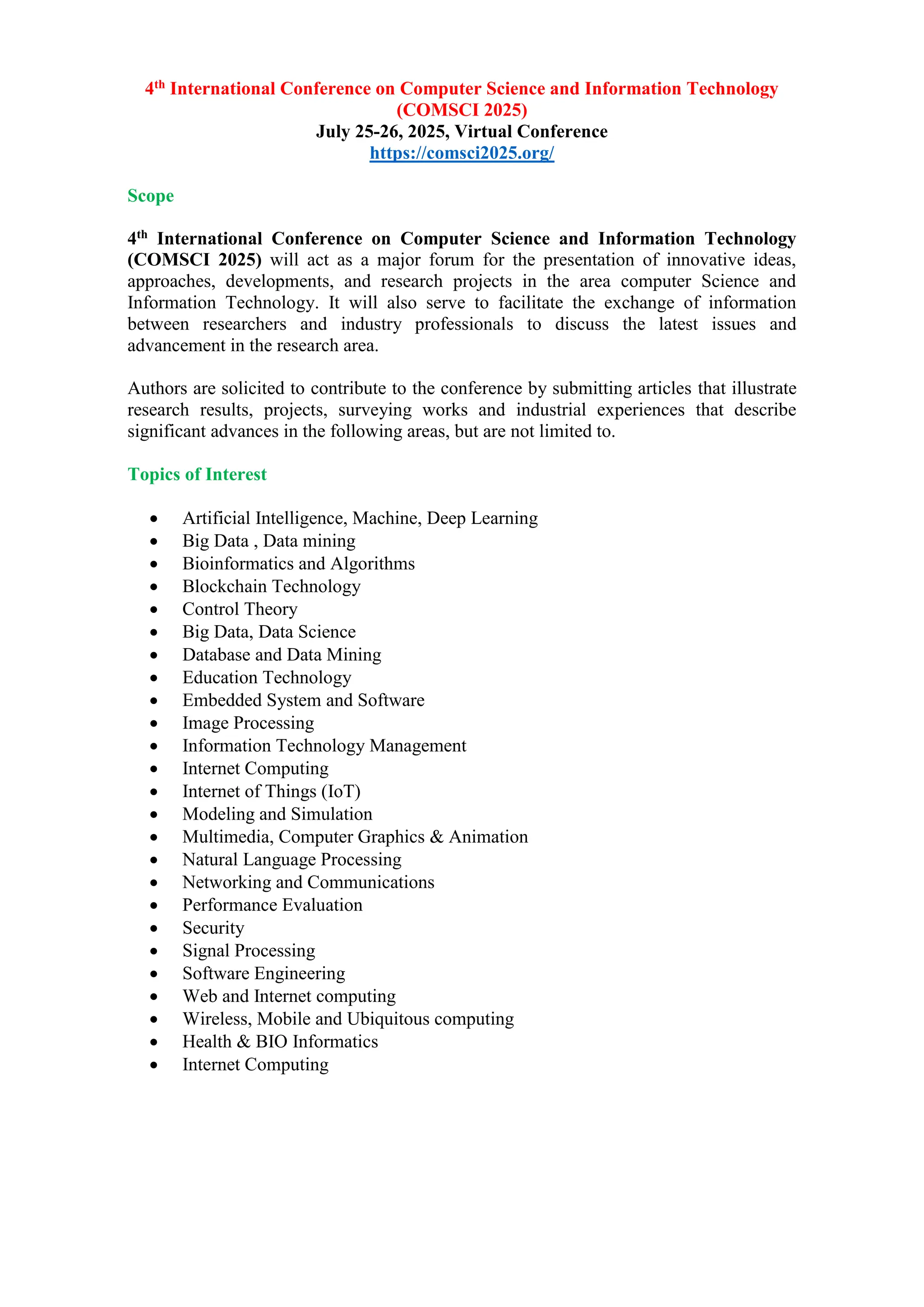 4th International Conference on Computer Science and Information Technology (COMSCI 2025) | PDF