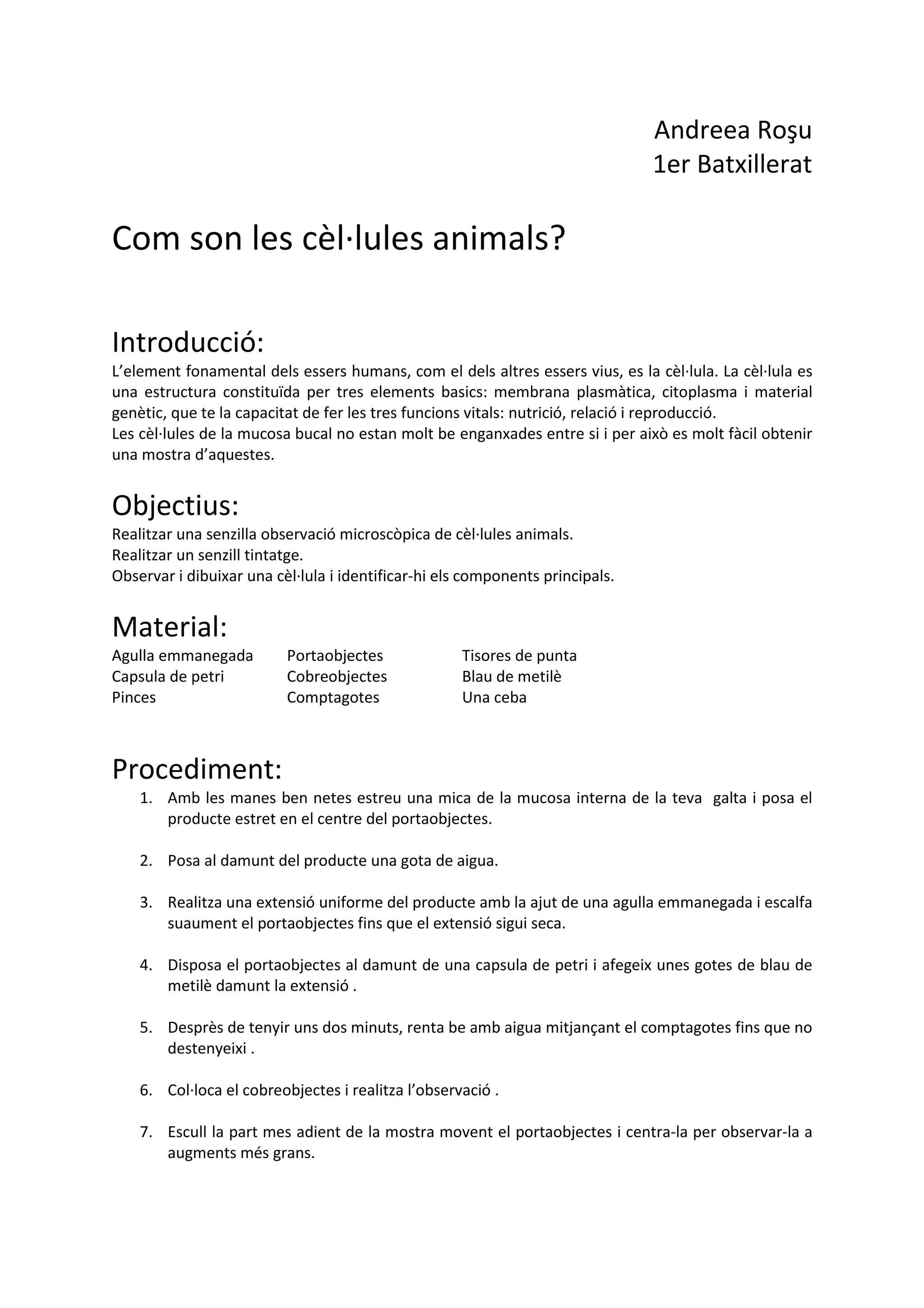 informe practica: Com son les cellules animals? | DOCX