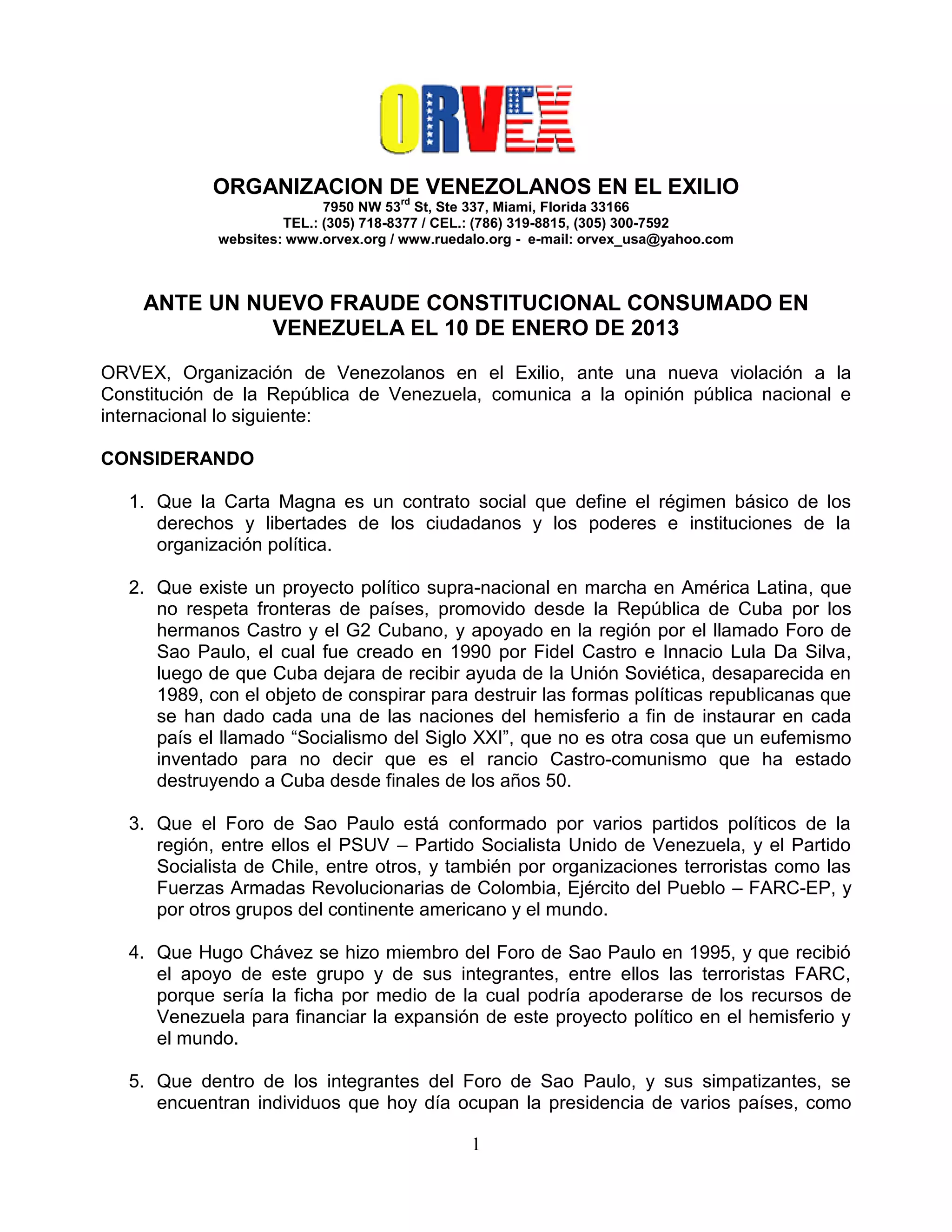 Comunicado orvex fraude constitucional 10 ene 2013 (1) | PDF