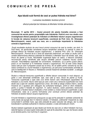Comunicat de presa apa bauta sub forma de ceai ar putea hidrata mai bine, 11 aprilie | PDF