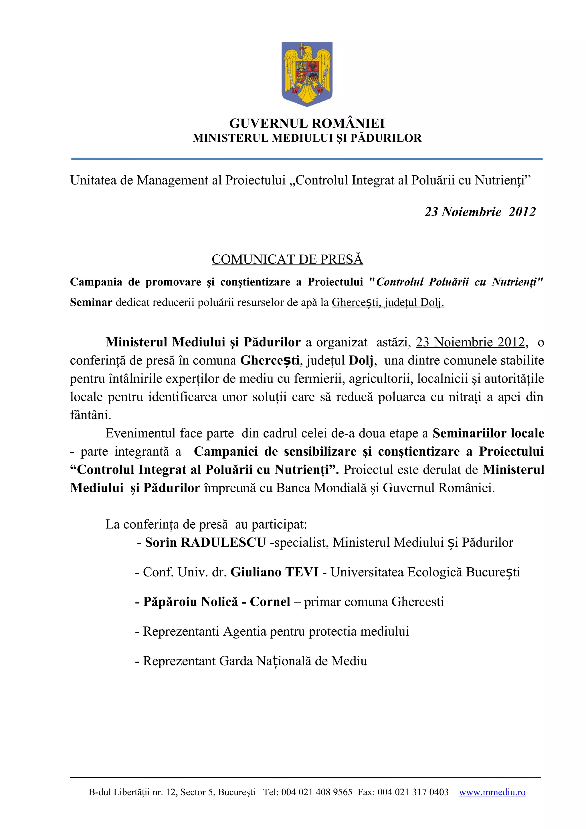 Comunicat de presa ghercesti, dolj | PDF