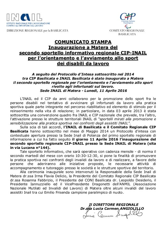 Comunicato Stampa Apertura Sportello Inail Cip Sede Di Matera