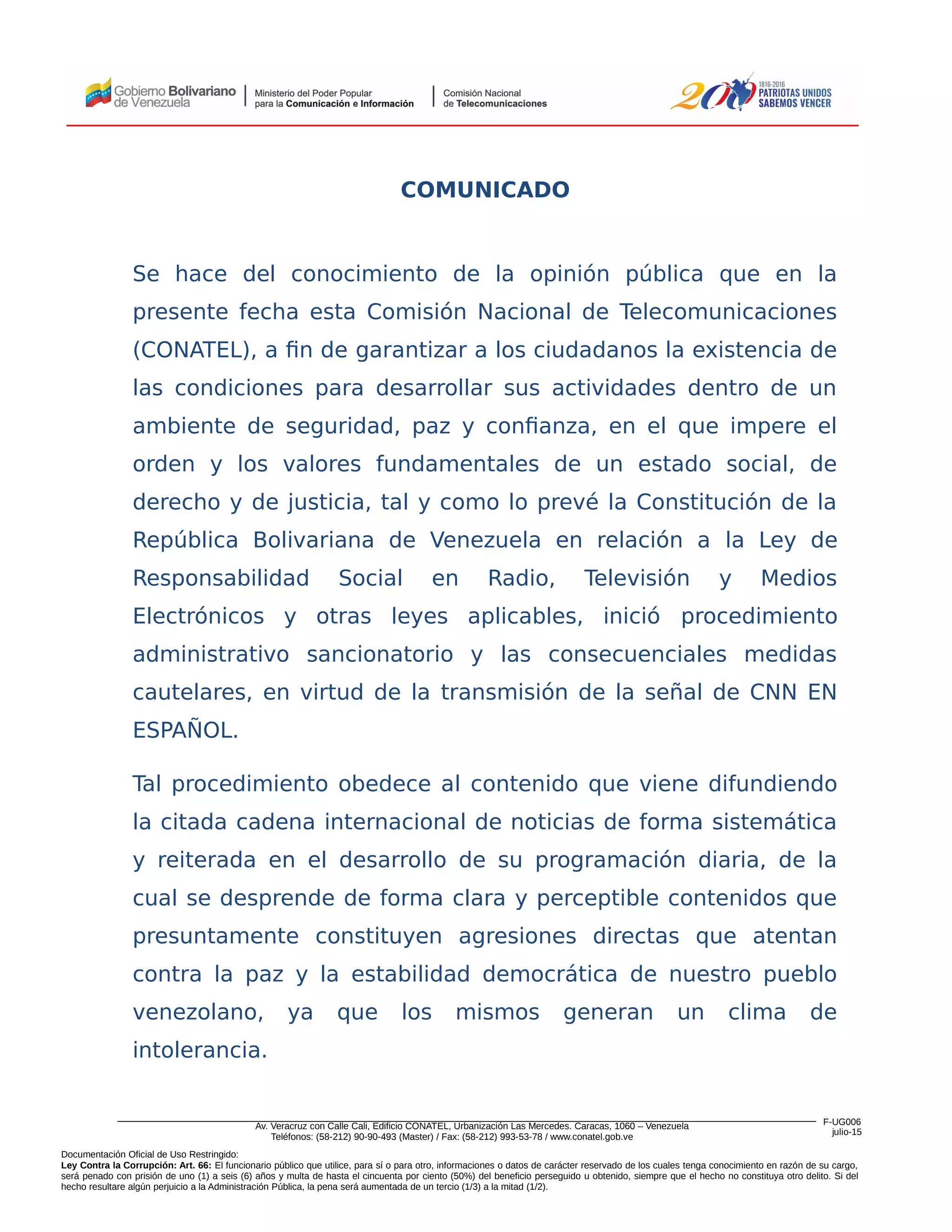 Comunicado Conatel | PDF