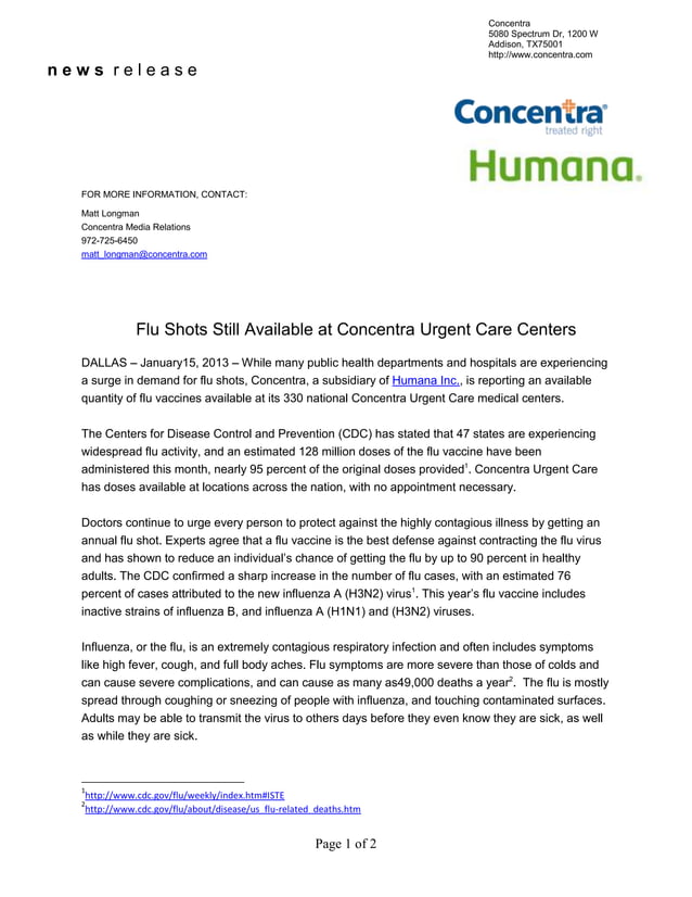 Flu Shot Still Plentiful at Concentra Locations Nationwide | PDF