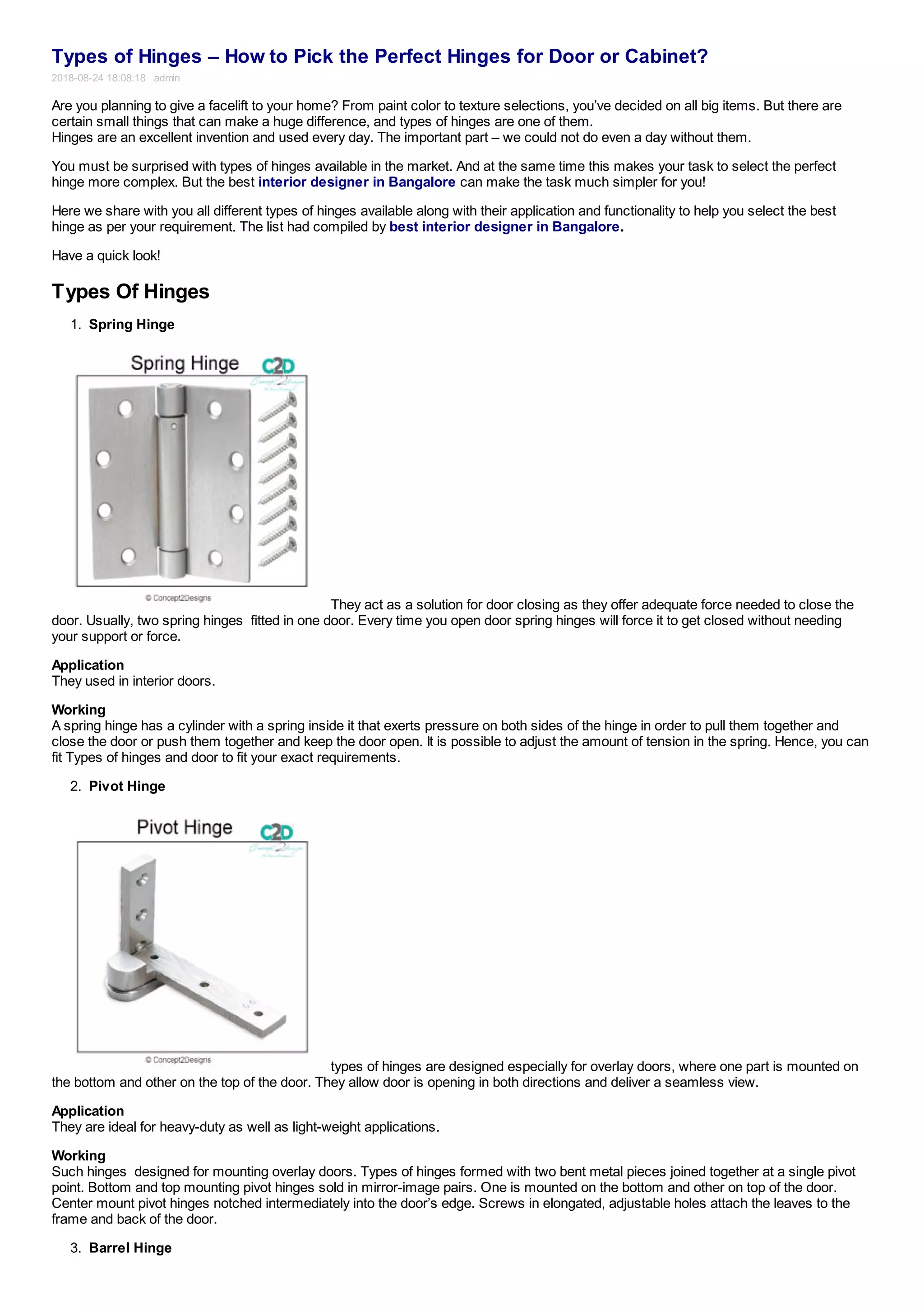TYPES OF HINGES – HOW TO PICK THE PERFECT HINGES FOR DOOR OR CABINET? | PDF