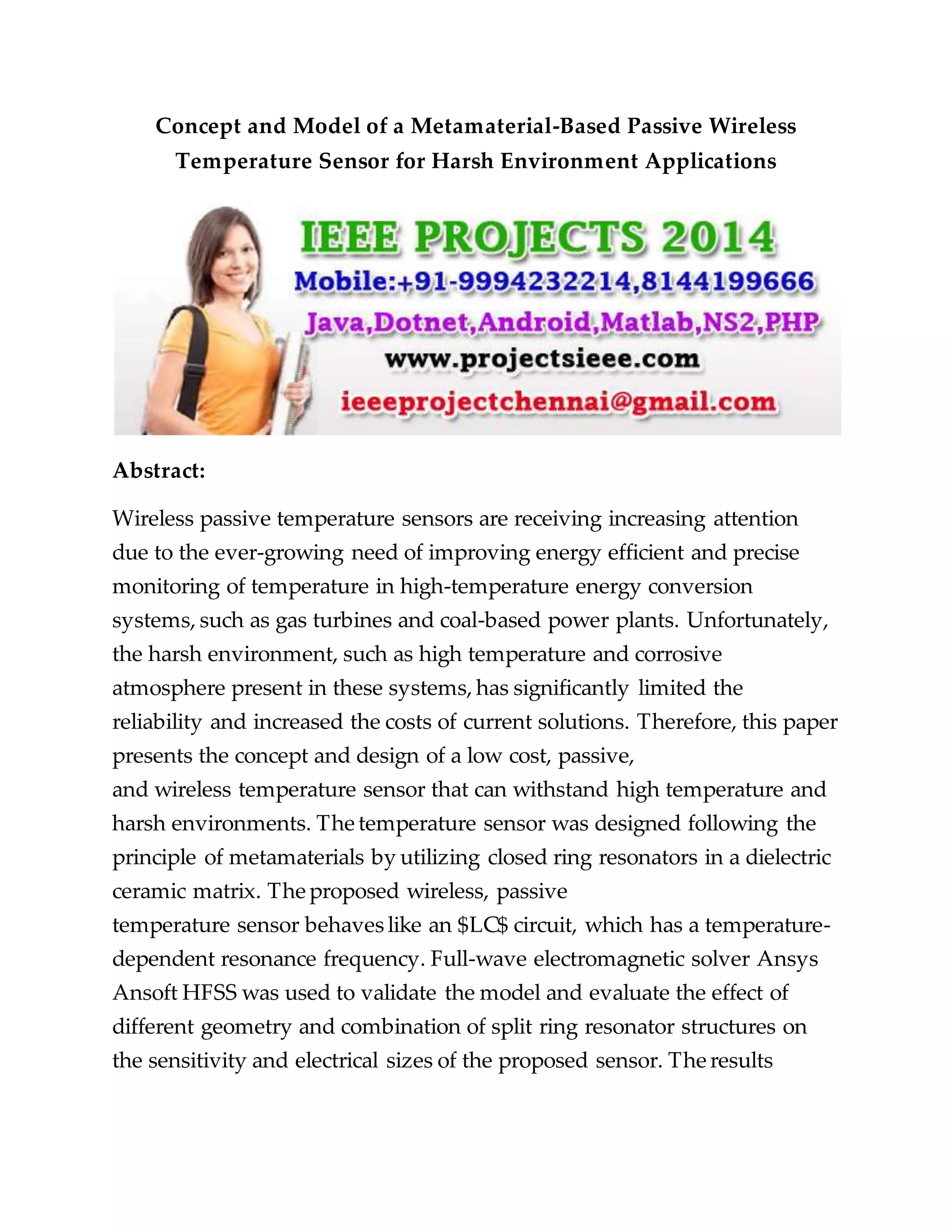 Concept and model of a metamaterial based passive wireless temperature sensor for harsh ...